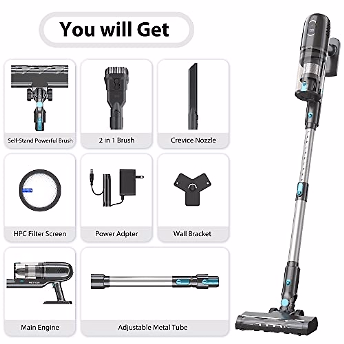 PRETTYCARE Cordless Vacuum Cleaner, 30Kpa Powerful Stick Vacuum with Brushless Motor, 45 Mins Long Runtime, LED Touch Display, Self-Standing Vacuum Cordless for Home Hard Floor Carpet Pet Hair, P1 Pro