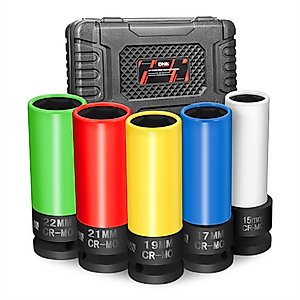 DNA MOTORING TOOLS-00156 5-Pieces 1/2-Inch Drive Wheel Protector Impact Deep Socket Set - 15mm 17mm 19mm 21mm 22mm, Cr-V, White,blue,red,yellow,green
