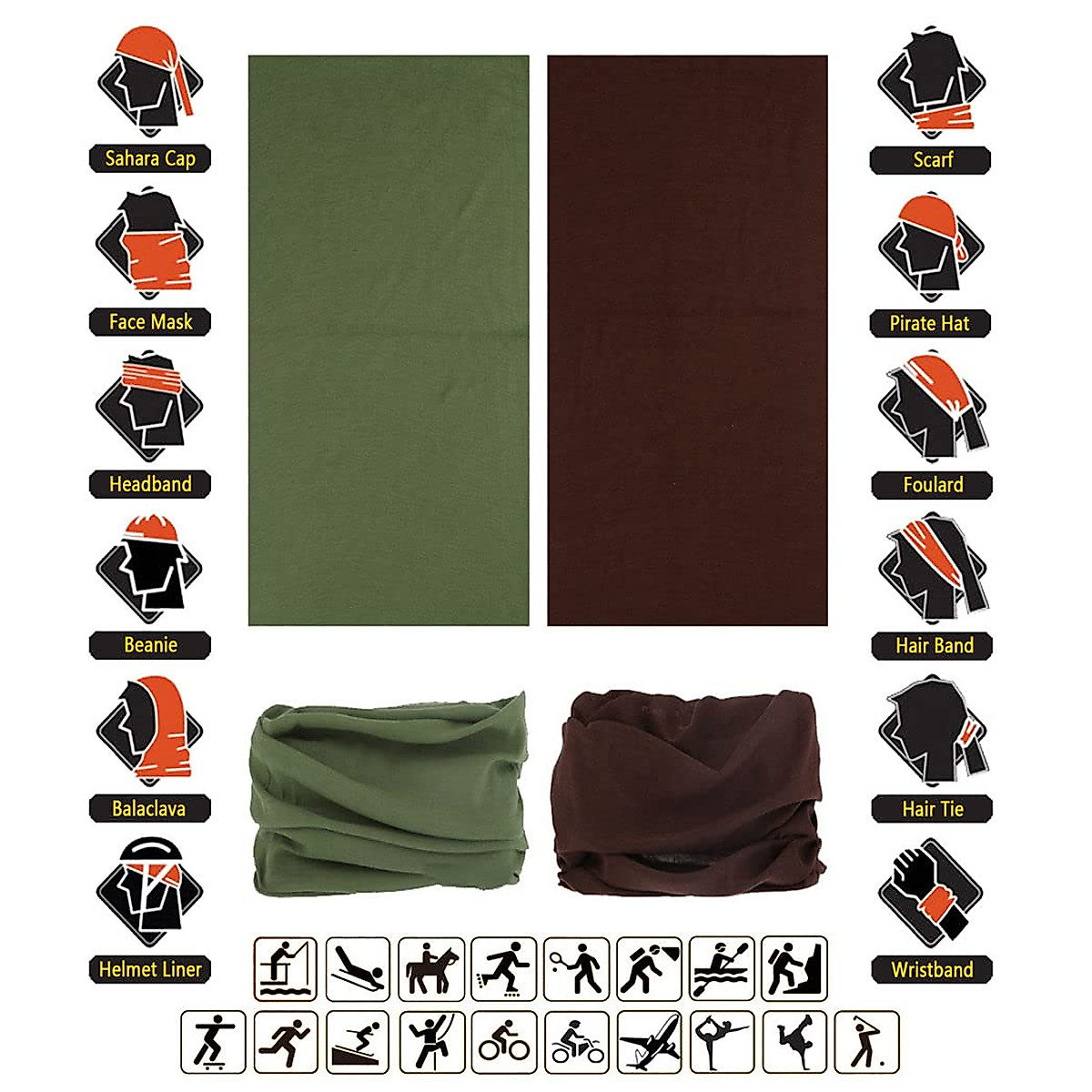 VANCROWN Neck Gaiter Headband Headwear Head Wrap Face Mask Magic Scarf Bandana for Men and Women (6PCS.Solid Color.2)