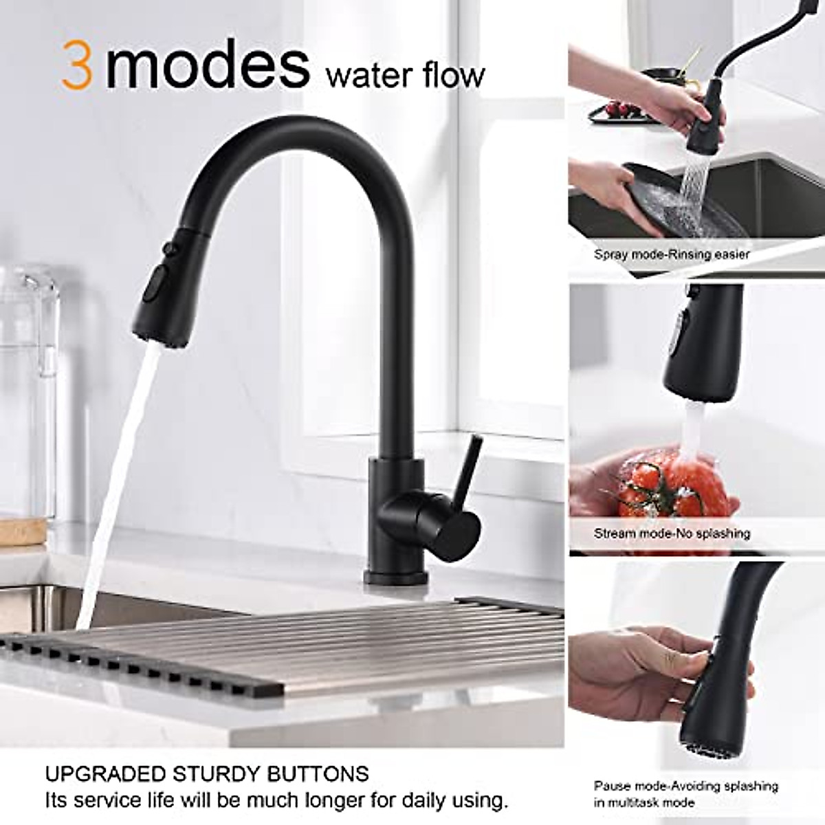 Sink Faucet, Black Kitchen Faucet with Pull Down Sprayer VFAUOSIT Commercial Stainless Steel Laundry Single Handle Pull Out Kitchen Faucets Matte Black, Grifo para Fregaderos de Cocina