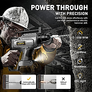Cordless Rotary Hammer Drill for Dewalt 20V MAX Battery, Brushless SDS-Plus Hammer Drill with Safety Clutch for Concrete/Masonry, 1500 RPM, 4 Modes with 360°Auxiliary Handle, Including 4 Drill Bits