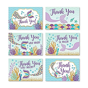 24 Mermaid Baby Shower Thank You Cards With Envelopes, Kids Thank-You Note, 4x6 Gratitude Card Gift For Guest Pack For Party, Birthday, For Boy or Girl Children, Cute Sea Pool Event Stationery