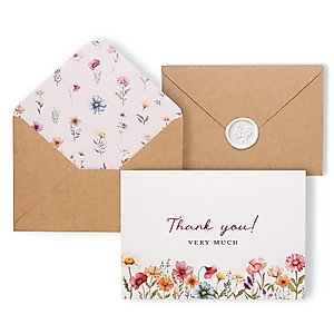 Liheheca Floral Thank You Cards with Kraft Envelopes, Wax Seal Stickers,Pack of 24,Vintage Flower Greeting Cards for Wedding,Bridal Shower,4x6 Inch