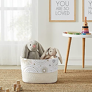 Sweet Jojo Designs Blush Pink Gold Star Moon Girl Woven Storage Basket Decorative Cotton Rope Lined Bin Baby Nursery Kids Bedroom Toys Closet Shelf Organizer Grey Celestial Sky Stars Gray Shabby Chic