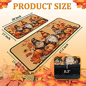 Fall Gnome Pumpkin Decorative Kitchen Rugs and Mats Set of 2, Fall Thanksgiving Gnome Sunflower Maple Leaves Seasonal Decorative Kitchen Mat 17"x47"+17"x30"