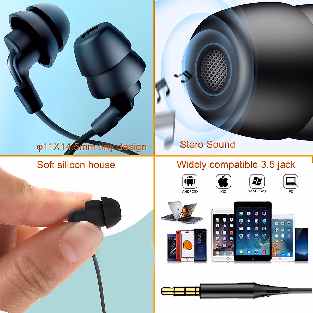 DARK WOLF Sleep Earphone,Soft Earbuds with Mic,Noise Cancelling,in-Ear earpods for Side Sleeper, 3.5mm Jack Air Travel,Snoring,Gym Meditation& Relaxation (Black)