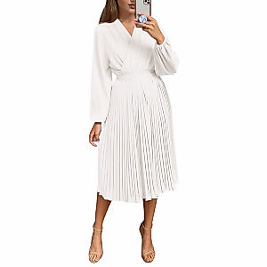 PRETTYGARDEN Women's Spring Midi Dress Long Puff Sleeve Wrap V Neck Flowy Ruffle Pleated Casual Fall Dresses (White,X-Large)