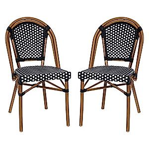Flash Furniture Bordeaux Set of 2 Indoor/Outdoor Commercial French Bistro Stack Chairs - Black/White PE Rattan Back and Seat - Natural Bamboo Print Aluminum Frame