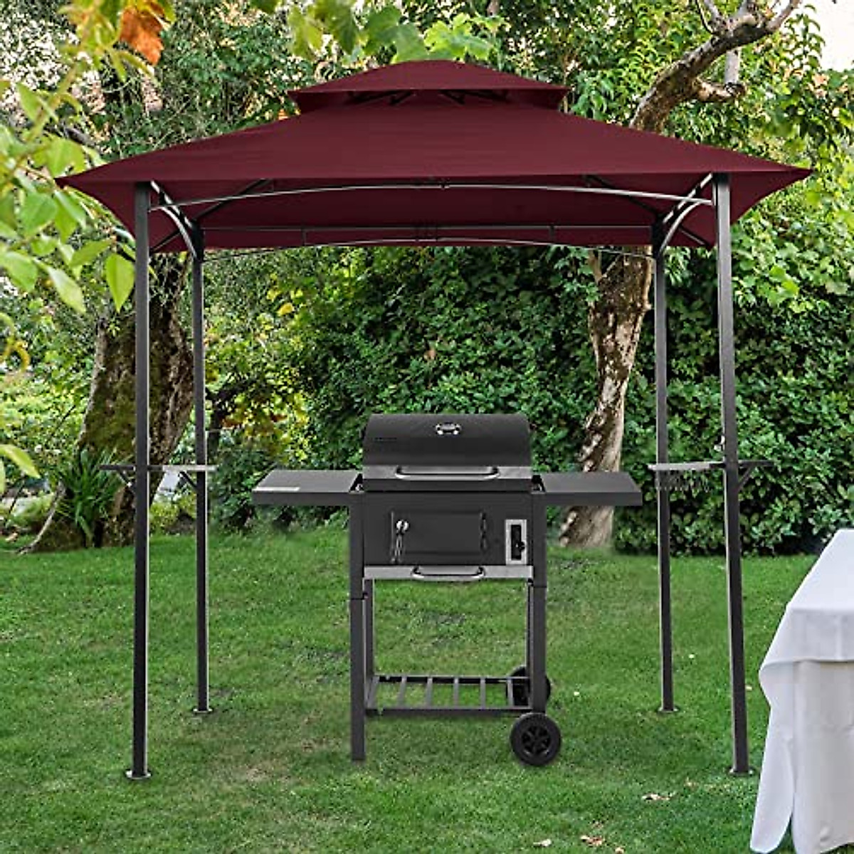 Outdoor Grill Gazebo 8x5Ft, Patio Barbecue Canopy with Serving Shelf and Storage Hooks and Vented Soft Top Canopy, Shelter Tent Sunshade Awning, Double Tier for Patio Garden Outdoor (Burgundy)