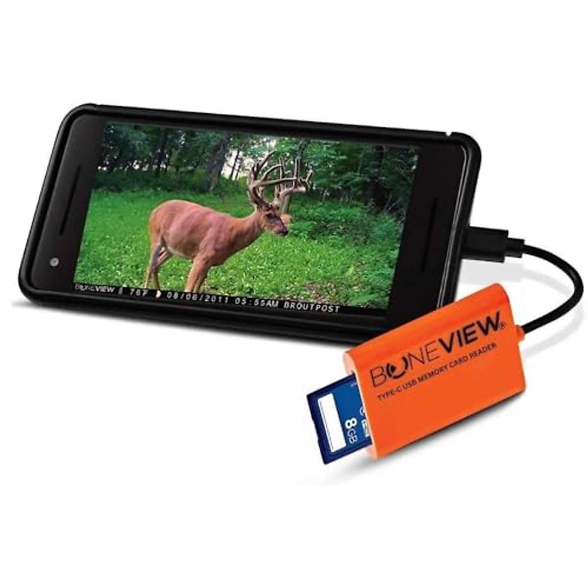 BoneView SD Card Reader, Type-C USB Trail Camera Viewer Plays Deer Hunting Photo Video on Android Phone or Tablet