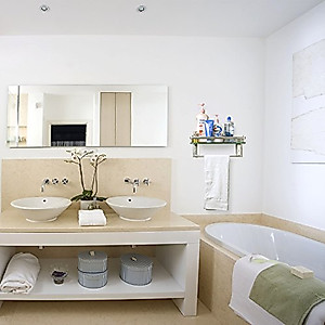 Vdomus Bathroom Tempered Glass Corner Shelf with Towel Bar Wall Mounted, Brushed Silver Finish