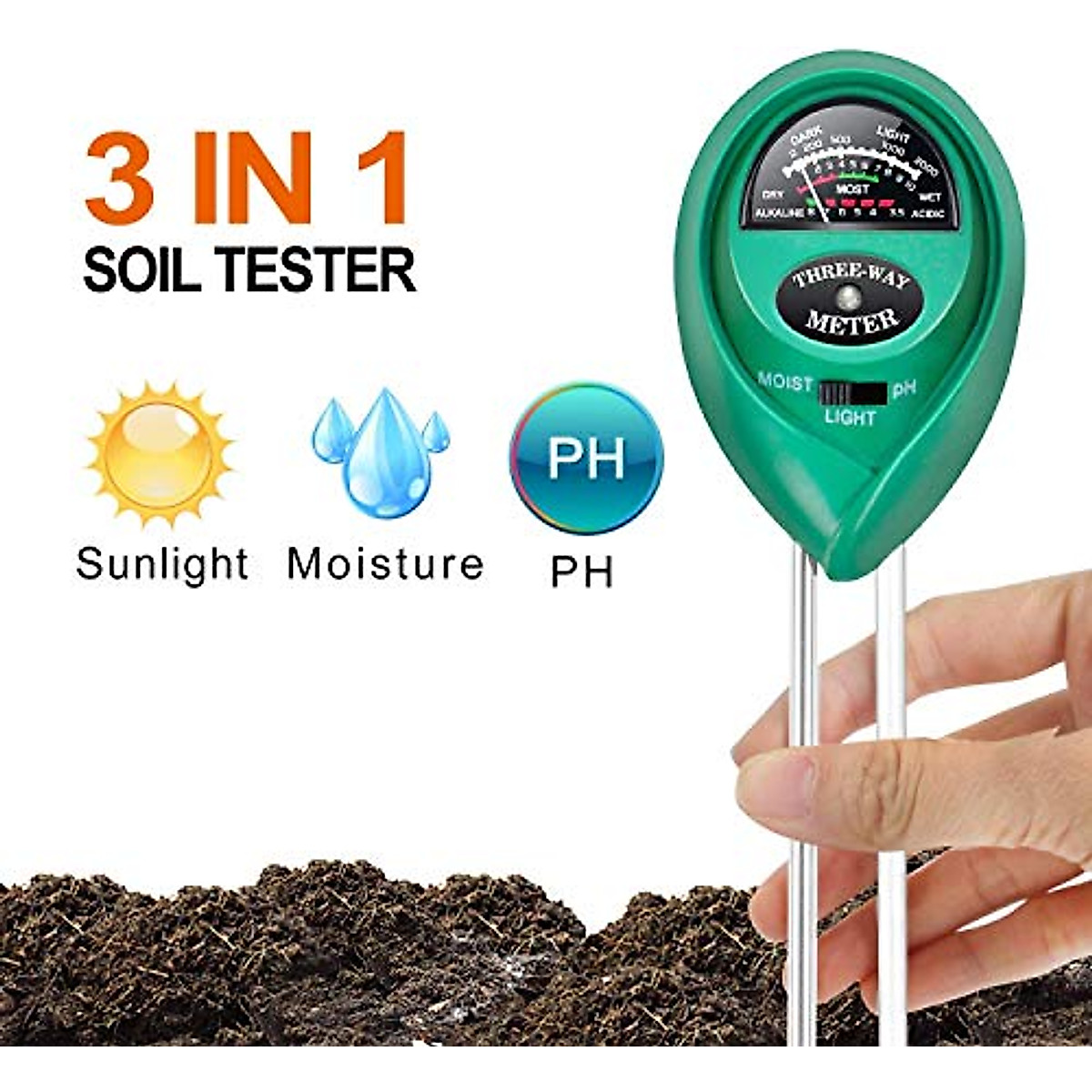 iPower Soil pH Meter, 3-in-1 Tester Kit for Moisture, Light & pH for Home and Garden, Lawn, Farm, Plants, Herbs Tools, Indoor/Outdoor Plant Care