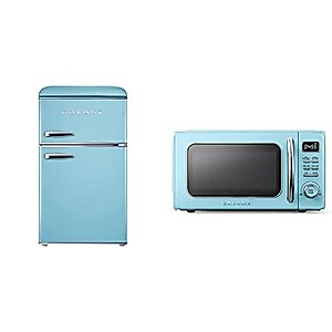 Galanz GLR31TBEER Retro Compact Refrigerator, Mini Fridge with Dual Doors, 3.1 Cu FT, Blue & GLCMKZ11BER10 Retro Countertop Microwave Oven with Auto Cook & Reheat, Defrost, 1.1 cu ft, Blue