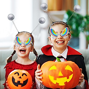 Farochy Costume Headwear - Silver Alien Headband with Glasses and Holographic Glitter, Halloween, Cosplay Party, Christmas, Birthday, Unisex, Partygoers, Families, All Ages