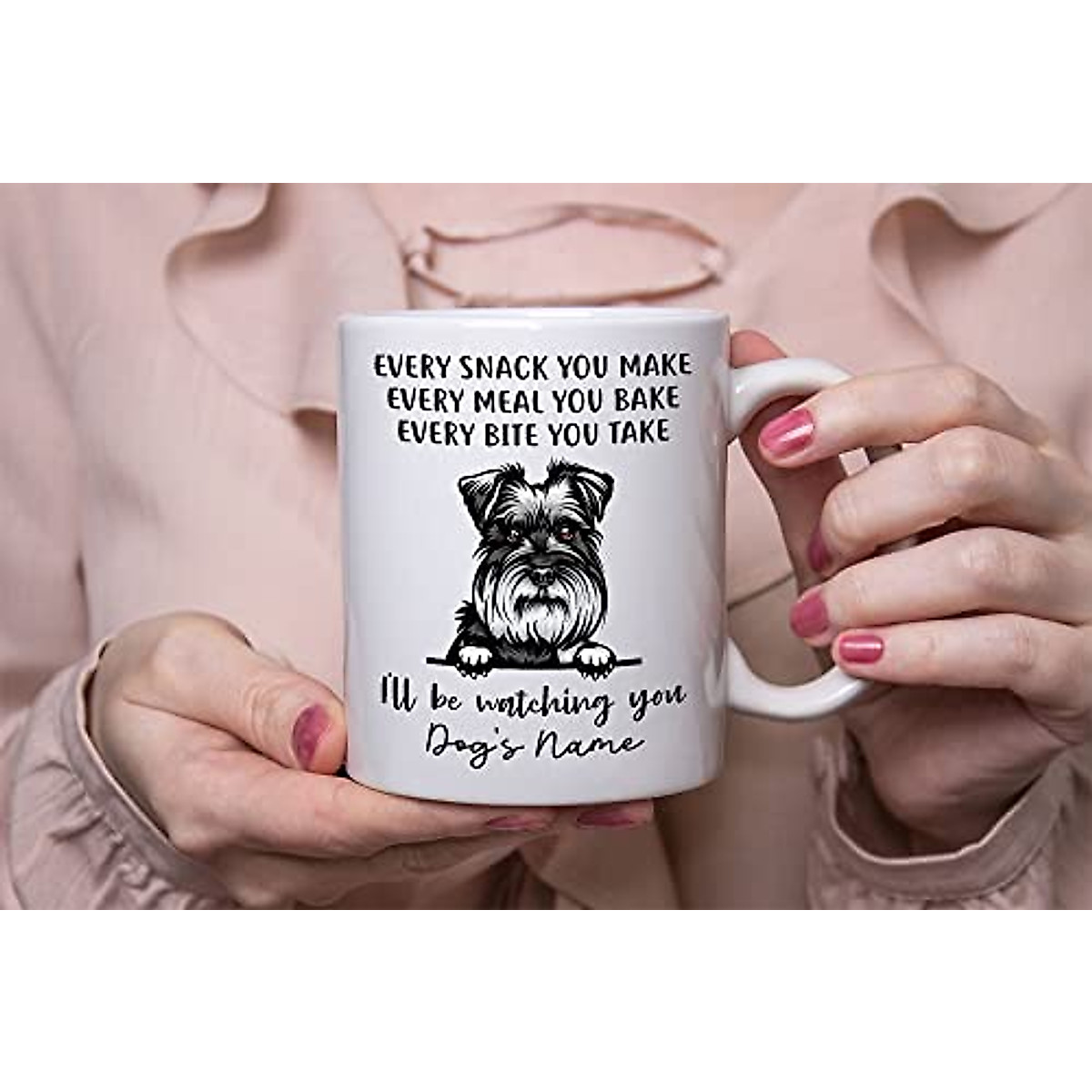 Personalized Miniature Schnauzer Coffee Mug, Every Snack You Make I'll Be Watching You, Customized Dog Mugs for Mom Dad, Gifts for Dog Lover, Mothers Day, Fathers Day, Birthday Presents