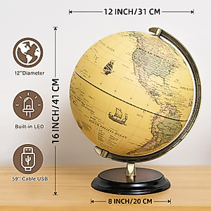 12'' Retro Illuminated World Globe with Wooden Stand, 2-1 Educ & Décor Antique Night Light up Globe Built in LED & HD Printed Map, Antique Illuminated Globe for Adults & Kids, Home Décor, Office