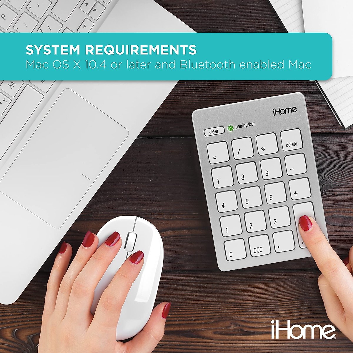 iHome Wireless Bluetooth 3.0 Slim Numeric Keypad Wide 20-Keys, Compact and Portable for Mac - Silver (IMAC-A201W)