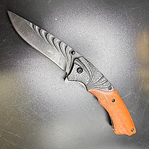 GOLDENSUN Stone washed stainless steel wood handle folding knife retro embossed GLX228WZ