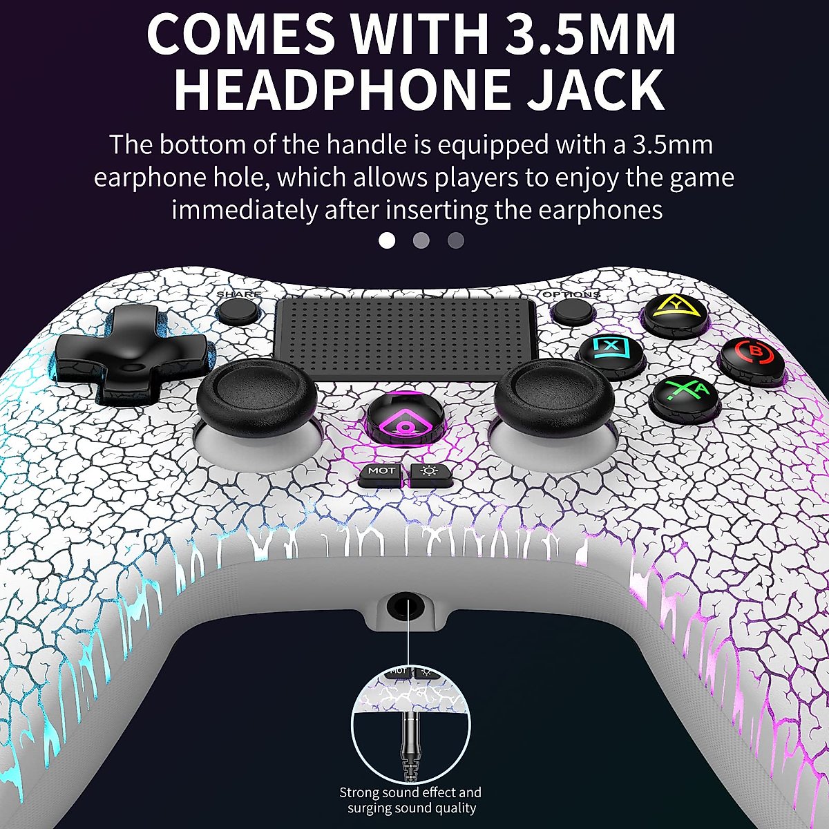 RALAN Wireless Controller with 8 Color Adjustable LED Lighting Compatible with PS4 Pro/Slim/for PS4 Controller Dualshock 4, with Headphone Jack for FPS Game （White）