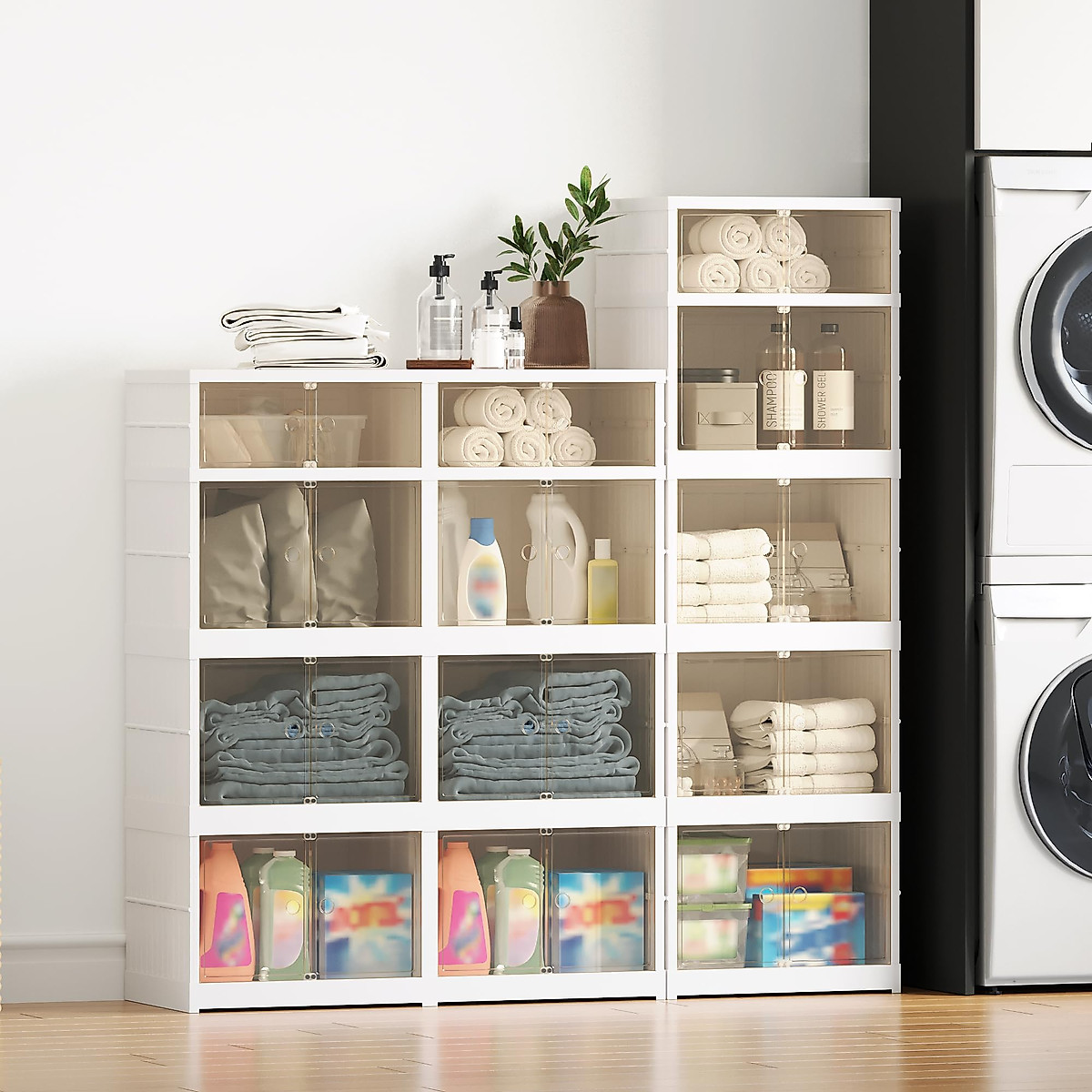 Luoxiao Plastic Storage Cabinet Collapsible Storage Bins with Doors 4 Tier 8 Grids Foldable Storage Boxes with Wheels Stackable Closet Organizer for Kitchen Bathroom Enterway White