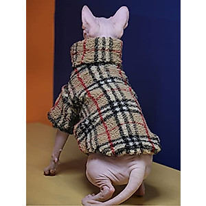 Sphynx Hairless Cat Clothes Winter Thick Warm Plaid Printing High Collar Button Coat for Cats Soft Faux Fur Pet Clothes with Sleeves (Vintage Plaid, M(4.4-5.5lbs))