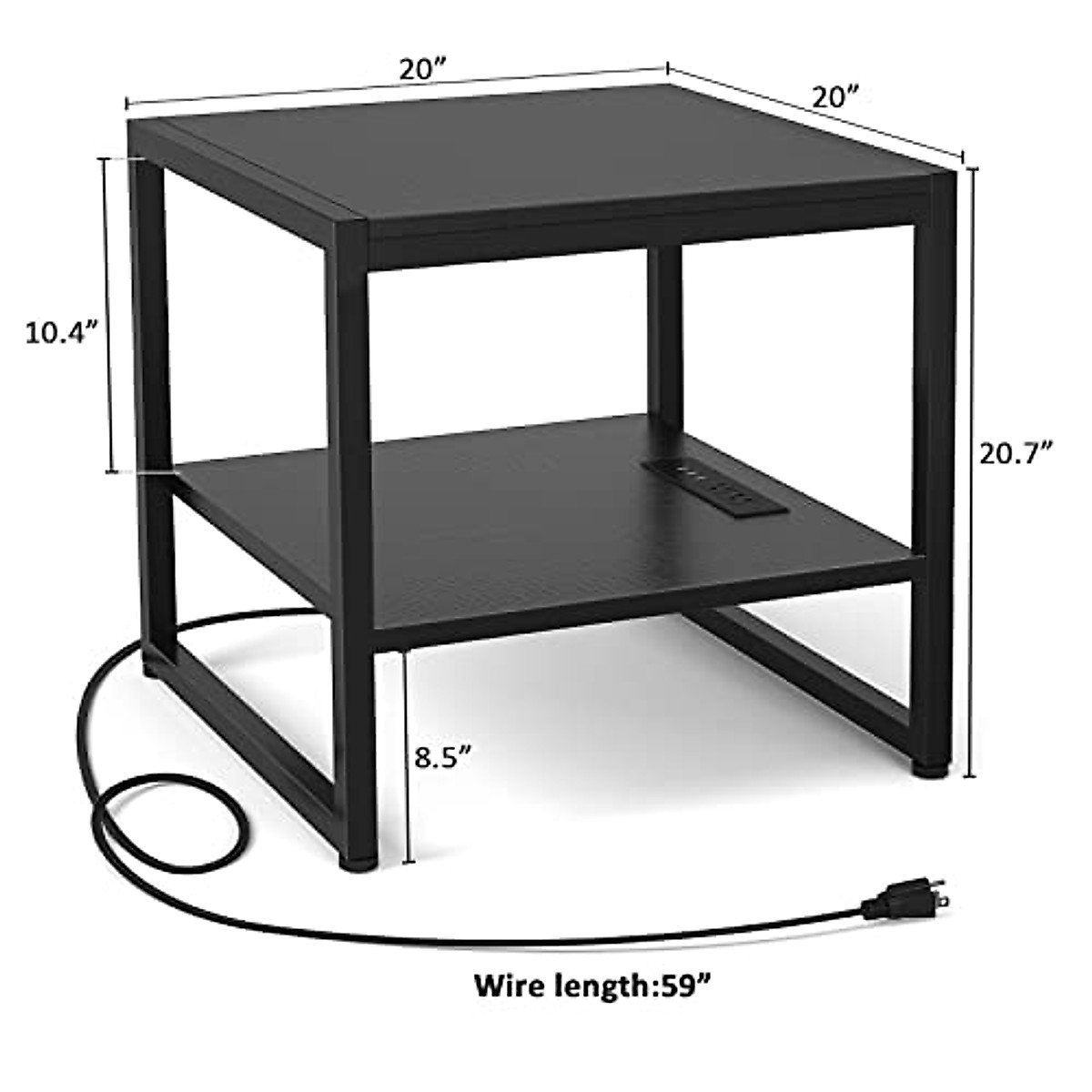 Homieasy End Table with Charging Station, 20 Inch Square Side Table with USB Ports & Power Outlets, Black Nightstand with 2-Tier Storage Shelf, Mini Fridge Stand for Small Spaces, Black