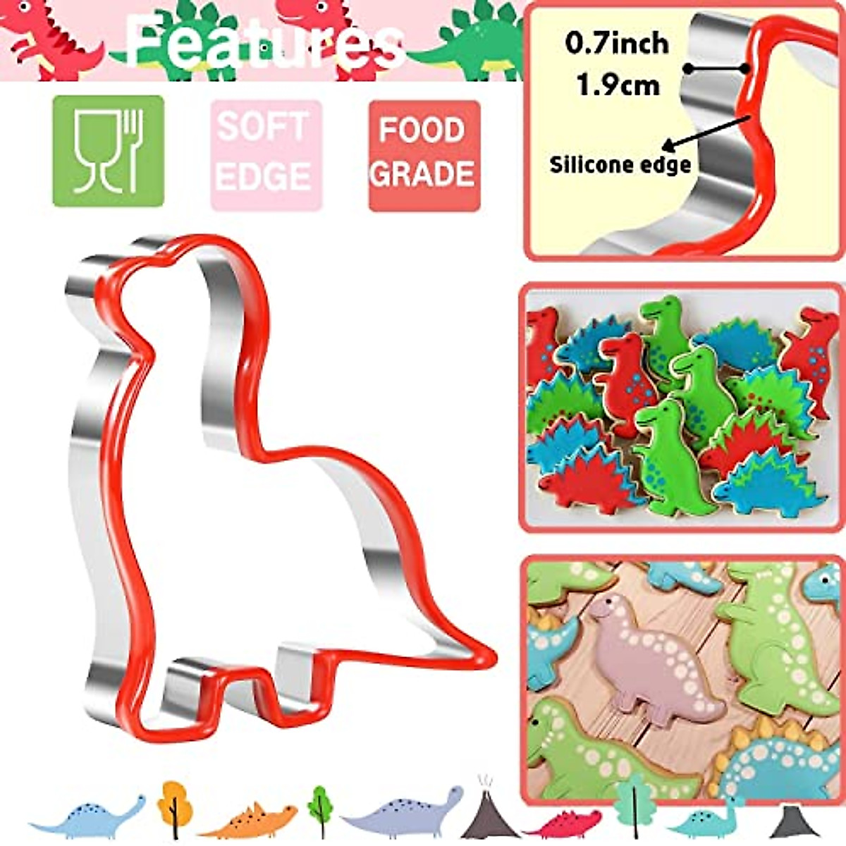 KAISHANE Dinosaur Cookie Cutters Set, 5 PCS Dinosaur Biscut Cutters Set Stainless Steel with Soft PVC Edge for Baking Fondant Cake Molds