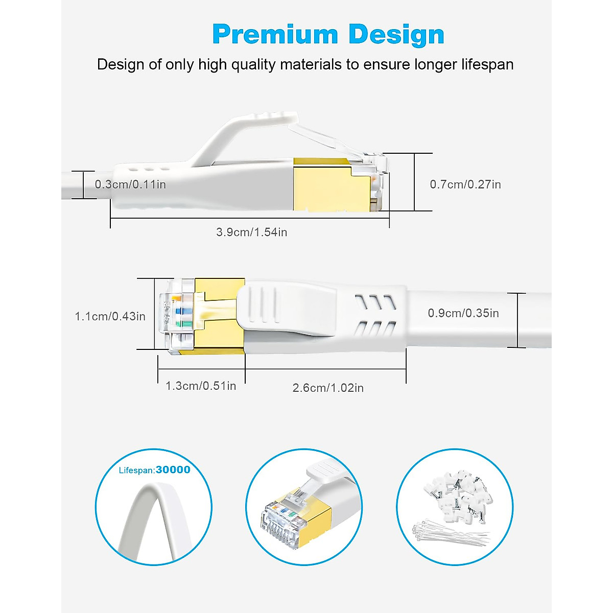 DDMALL CAT8 Ethernet Cable 100ft, High Speed 40Gbps 2000MHz Shielded S/FTP, Flat Gigabit Network LAN Patch Cord with RJ45 Connector for Gaming, PS5, PS4, PS3, Xbox, Router, Modem (100ft White)