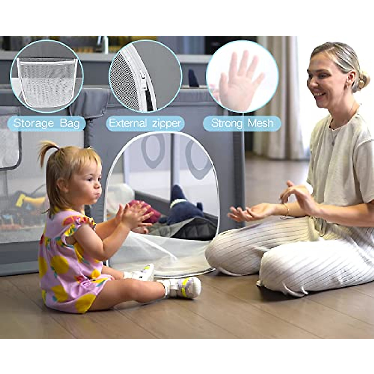 Baby Playpen,Letmudla Playpen with Mat,Upgraded Sturdy Play Pen with Gate,Easy to Assemble Play Yard,Safe Play Pens for Babies and Toddlers with Hand Rings,Outdoor&Indoor Activity Center for Infant