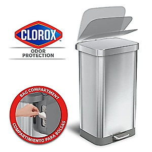 Glad Stainless Steel Step Trash Can with Clorox Odor Protection | Large Metal Kitchen Garbage Bin with Soft Close Lid, Foot Pedal and Waste Bag Roll Holder, 20 Gallon, All Stainless