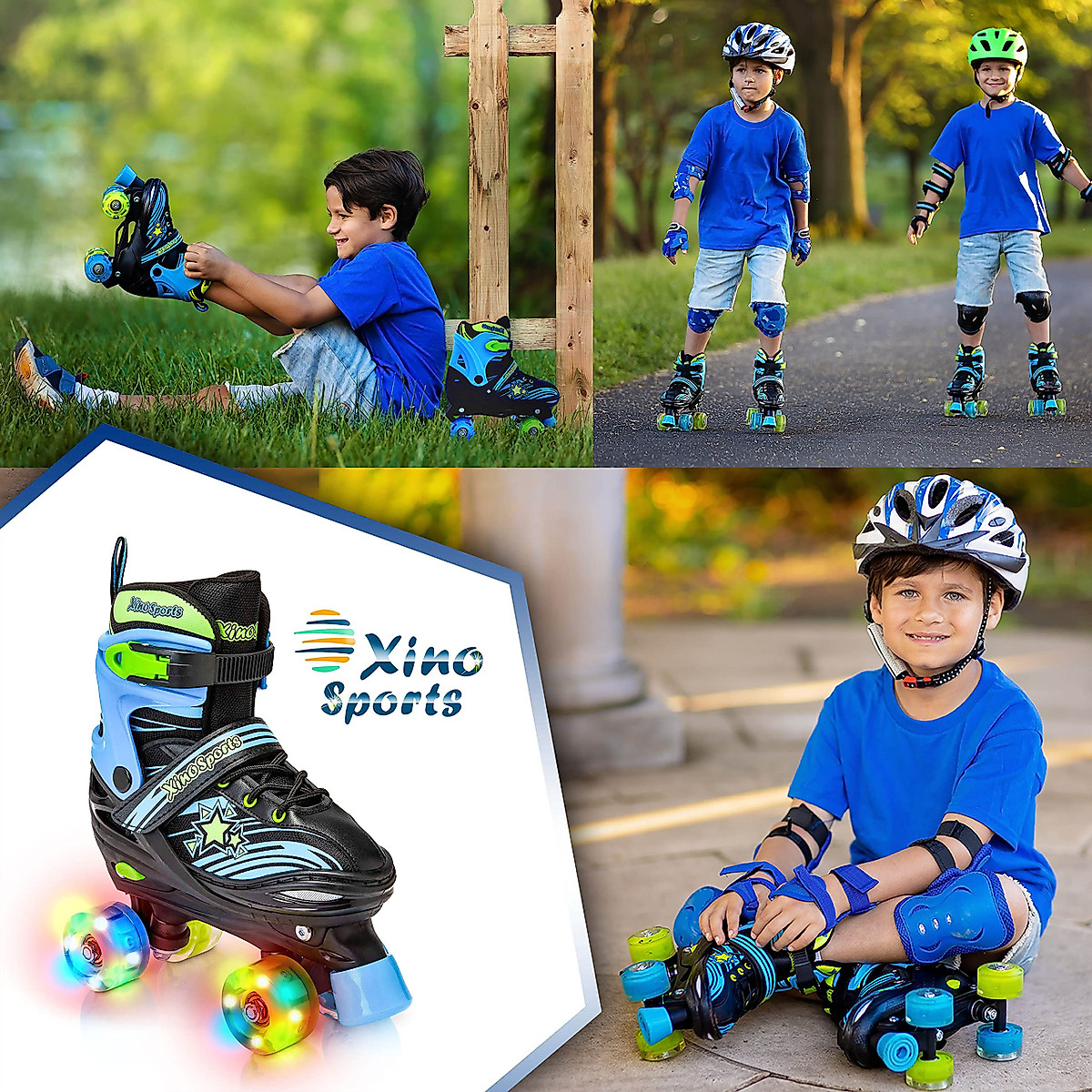 Xino Sports Kids Roller Skates for Boys & Girls - Light Up Wheels (Ages 5-20) - Adjustable Roller Skates with Illuminating Wheels (Black, Large 5-8)