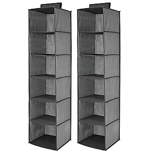 mDesign Long Soft Fabric Over Closet Rod Hanging Storage Organizer with 6 Shelves for Clothes, Leggings, Lingerie, T Shirts - Textured Print with Solid Trim - 2 Pack - Charcoal Gray/Black