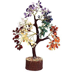 Shawn Seven Chakra Natural Healing Gemstone Bonsai Fortune Money Tree for Good Luck, Wealth & Prosperity Office Decor Spiritual Gift (with Golden Wire and 300 Beads) Size 10-12 Inches, Golden,natural