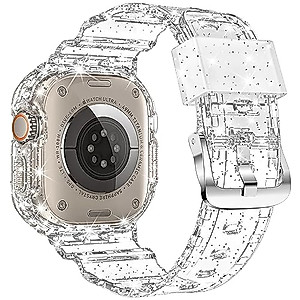 XYF Compatible for Crystal Clear Apple Watch Ultra 2 Bands, 49mm Bumper Case Men Women Jelly Cover Strap for iWatch Ultra 2/1 Series 9 8 7 SE 6 5 4 3 2 1 (Glitter Clear, 49)