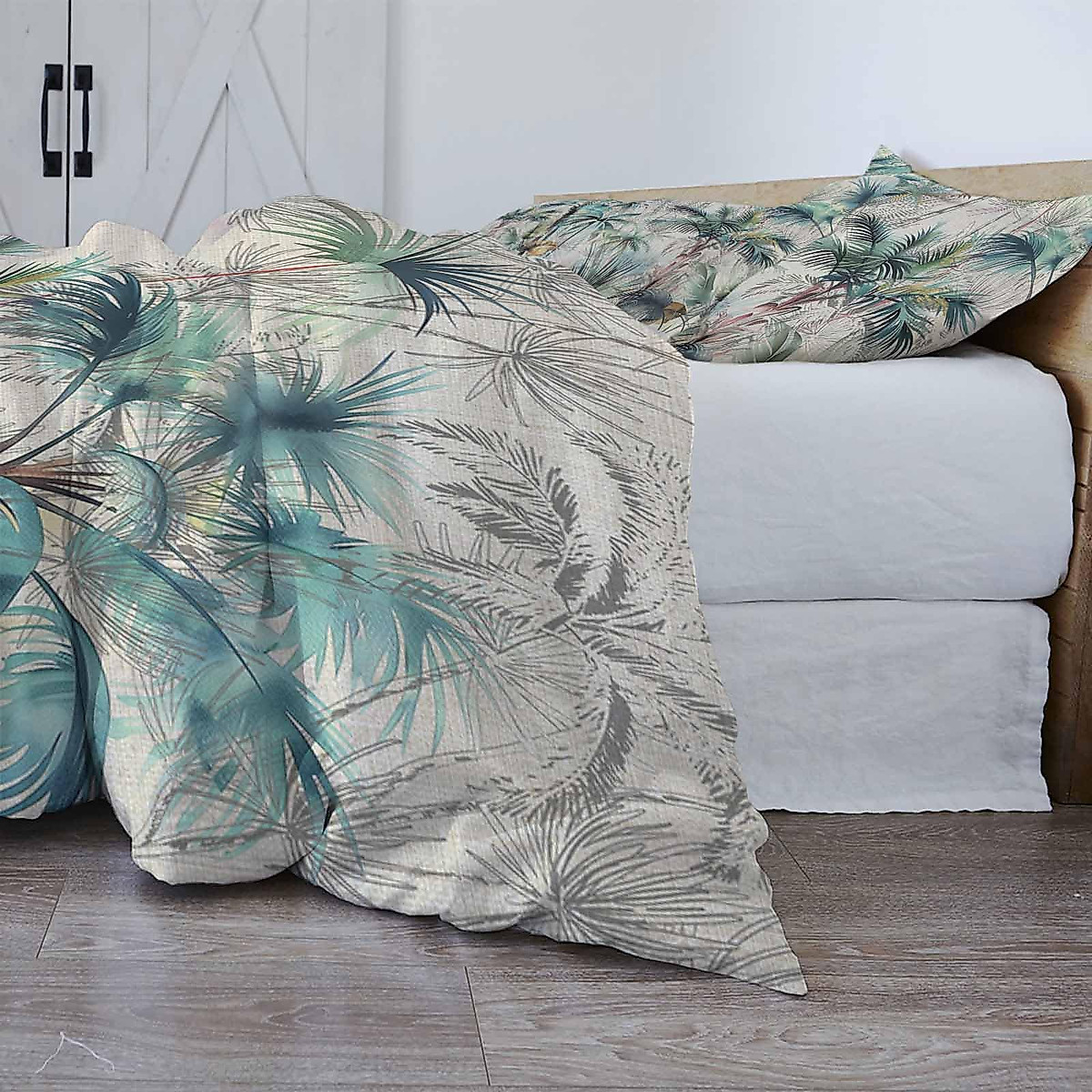 Lsrtoss Summer Palm Trees California King Duvet Cover Set, Vintage Botanical Tropical Leaves Microfiber 3 Piece Bedding Set with 2 Pillowcases & 1 Quilt Cover, 92" W x 106" L, California King Size