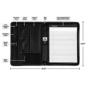 Samsill Zippered Portfolio Organizer, Vegan Leather Business Portfolio Notebook, Work Organizer. Notepad, Tablet iPad (Upto 10.1") Phone & Business Cards Holder, Professional Padfolio for Women & Men