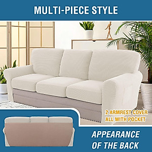 H.VERSAILTEX Multi-Pieces Sofa Covers Stretch Couch Covers Form Fitted Seats and Back Cushions Covers (3 Seat Covers Plus 3 Back Cusion Covers, Bonus 2 Armrest Covers), Ivory