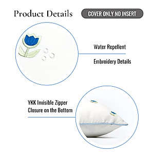 Hofdeco Premium Coastal Patio Indoor Outdoor Throw Pillow Cover Only, 20”x20” Water Repellent for Backyard, Couch, Baby Blue Green Embroidered Tulips Floral with Piping