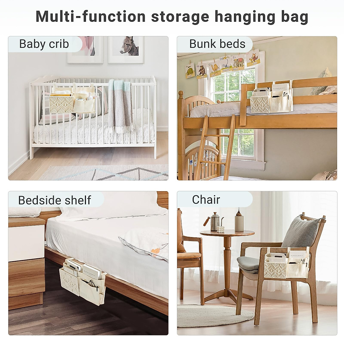 Mkono Bedside Caddy Hanging Organizer, Bunk Woven 7 Pockets Bed Storage Bag Boho Remote Magazine Books Holder with Macrame for Loft Bed College Dorm Bedroom Baby Bed Rails, Ivory