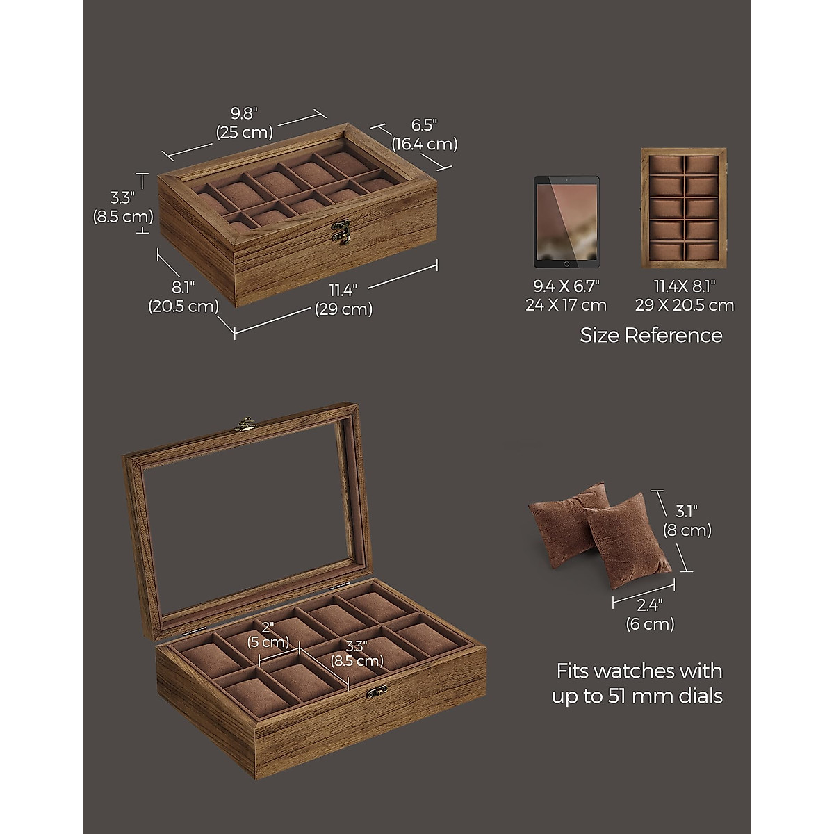 SONGMICS Watch Box, 10-Slot Watch Case, Solid Wood Watch Box Organizer with Glass Lid, Watch Display Case with Removable Pillows, Gift for Loved Ones, Rustic Walnut UJOW100K01