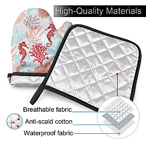 VunKo Sea Horse Oven Mitts and Pot Holders Sets Heat Resistant Coral Oven Gloves with Non-Slip Surface for Safe BBQ Cooking Baking Grilling Set of 2