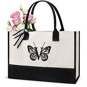Gift Ideas, for Women, Unique Embroidery Personalized Initial Canvas Tote Bag, Cool Birthday Beach Christmas Womens Butterfly Gifts for Her Mom Woman Sister Teacher Best Friend Female, Letter W