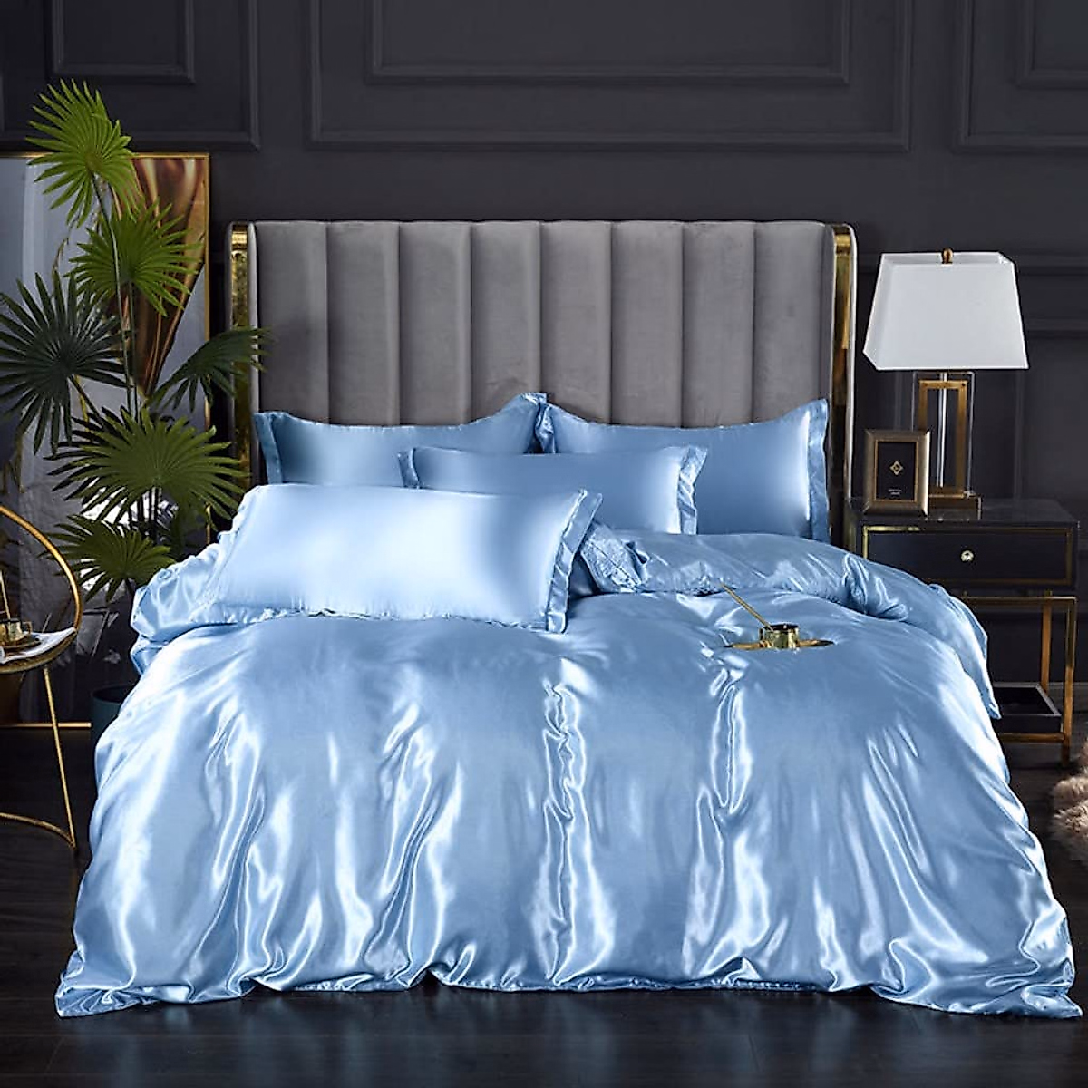 Feelyou Light Blue Silk Like Satin Bedding Set Queen Women Duvet Cover Set Luxury Soft Comforter Cover Adults Bedroom Decor Chic Luxurious Silky Bedspread Cover Zipper (1 Duvet Cover + 2 Pillow Case)
