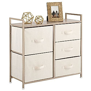 mDesign 30.03" High Steel Frame/Wood Top Storage Dresser Furniture Unit with 5 Removable Fabric Drawers - Tall Bureau Organizer for Bedroom, Living Room, Closet - Lido Collection - Cream/Beige/Gold