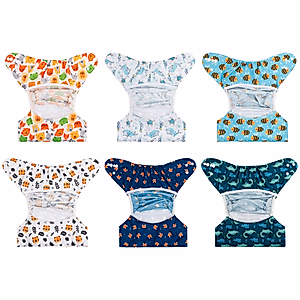 Babygoal Cloth Diaper Covers 6 Pack+Wet Bag for Fitted Diapers and Prefolds with Double Gussets, Adjustable and Reusable for Baby Boys 6DCF08
