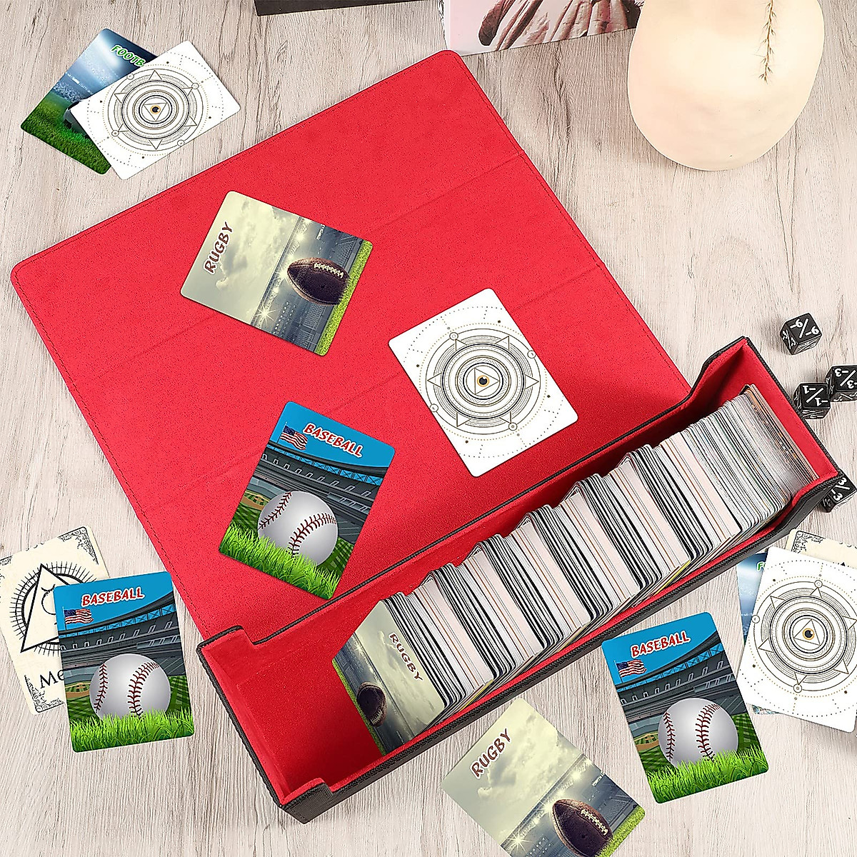 Weewooday MTG Desk Box 400 Card Desk Box Card Storage Box Magnetic Deck Box PU Leather Deck Box for Trading Card Games 12.2 x 4.4 x 3.74 Inches (Black and Red)