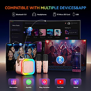 Karaoke Machine for Kids Adults, Portable Bluetooth Mini Karaoke Microphone Singing Speaker with 2 Wireless Mic and Light,Toys for All Smartphones,Birthday, Family,Home Party (Rose Gold)