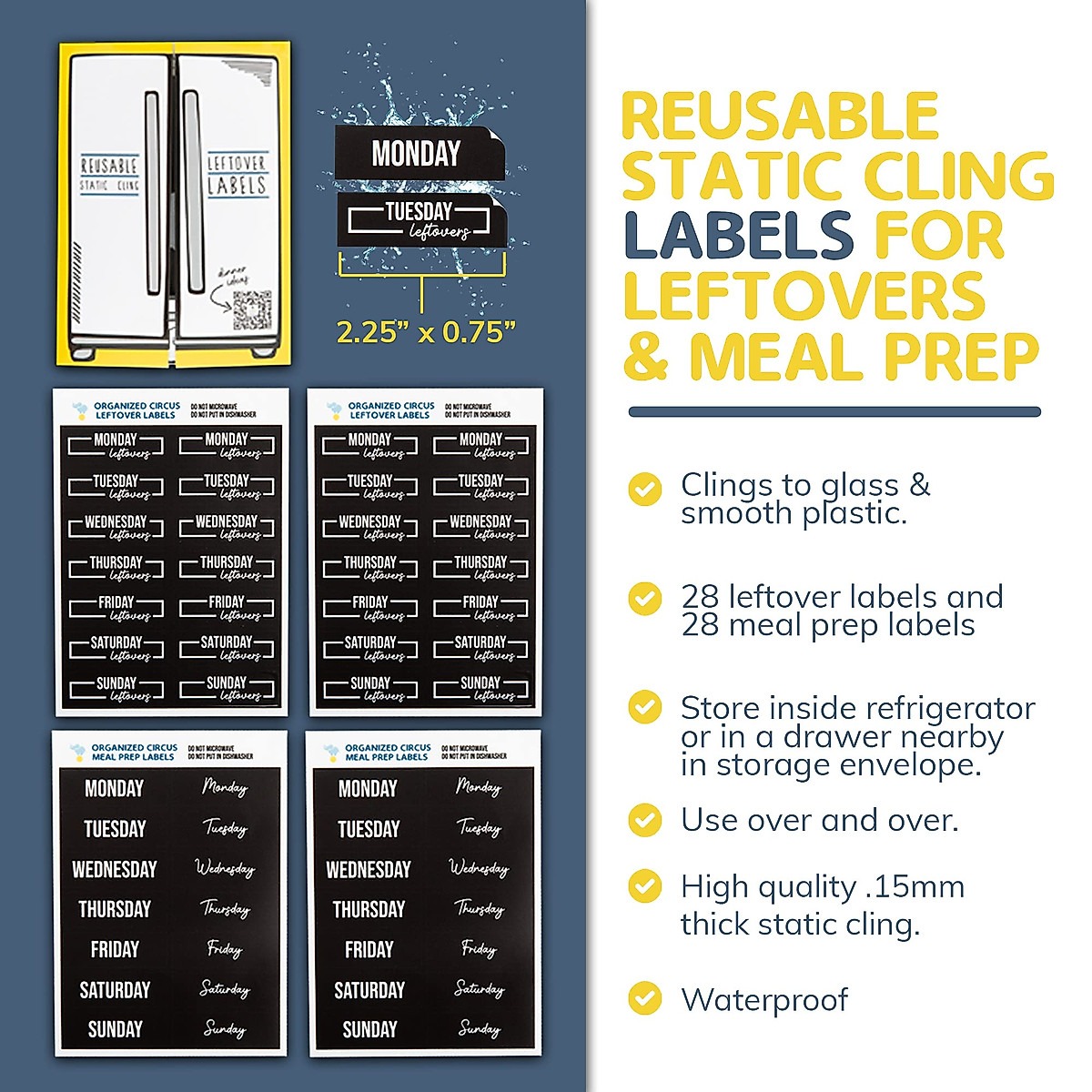 Reusable Food Labels for Food Containers -56 Static Cling Food Label Stickers for Refridgerator/Freezer Organization Fridge Storage Kitchen Accessories Gadgets for Meal Prep Containers (B&W)
