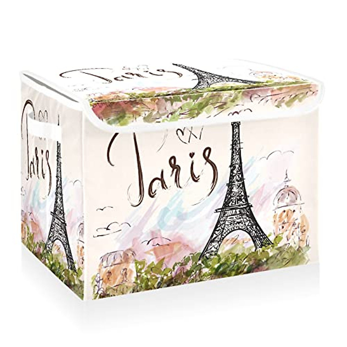 CaTaKu Paris Eiffel Tower Storage Bins with Lids and Handles, Fabric Large Storage Container Cube Basket with Lid Decorative Storage Boxes for Organizing Clothes