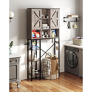 CHOEZON Over The Toilet Storage, Farmhouse Bathroom Storage Cabinet, Over Toilet Shelf with Storage Cabinet, Bathroom Organizer with Hooks, for Bathroom, Restroom, Charcoal Gray and Black TTS01HC